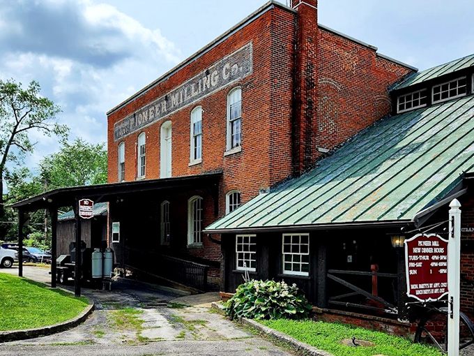 The imposing red brick exterior of Pioneer Mill stands as a testament to Ohio's industrial past, now serving culinary delights instead of grinding grain.