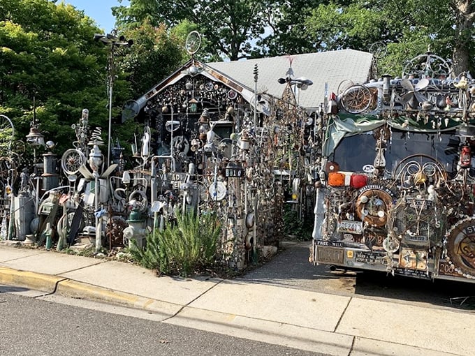 The front facade of Vanadu Art House looks like what would happen if a hardware store and a carnival had a baby that went to art school.