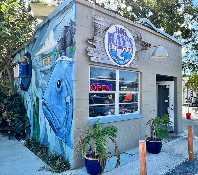 The unassuming exterior of Big Ray's Fish Camp proves once again that Florida's best seafood treasures often come in small packages. That fish mural isn't just decoration—it's a promise.