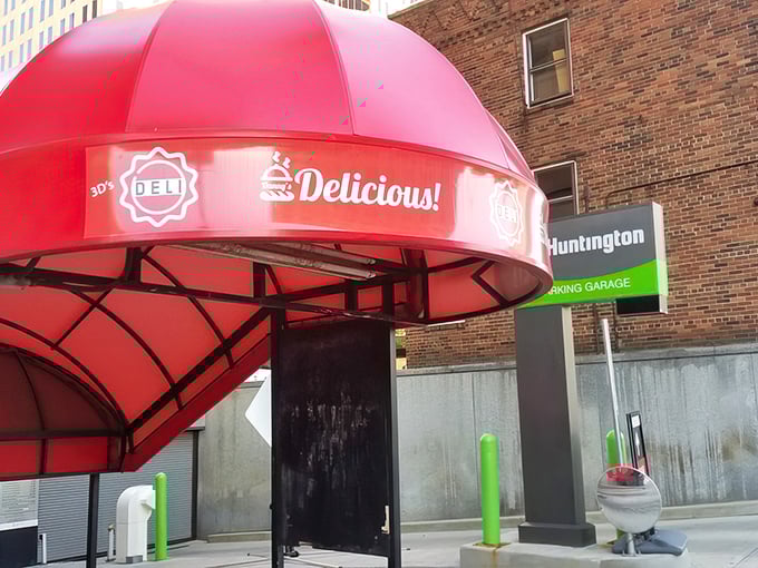 That iconic red umbrella entrance isn't just eye-catching—it's a beacon of sandwich salvation for downtown Columbus lunch-seekers.