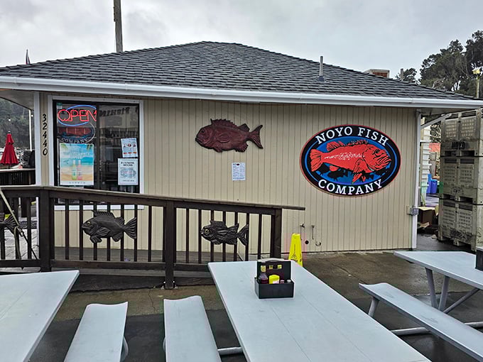 The unassuming exterior of Noyo Fish Company proves once again that the best seafood often comes from places where fishing boats outnumber parking spaces.