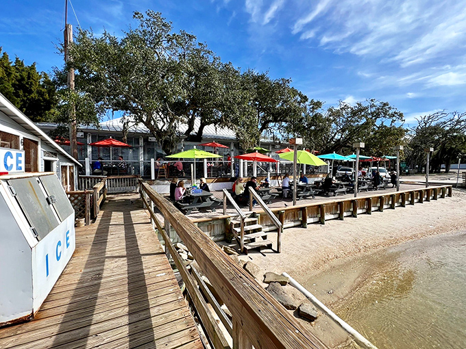 Colorful umbrellas dot the waterfront deck like a Florida rainbow, promising seafood with a side of spectacular Tolomato River views.