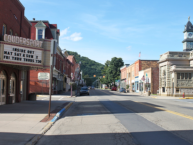 Main Street Coudersport shimmers under blue skies, its historic brick buildings standing proud like a Norman Rockwell painting come gloriously to life.
