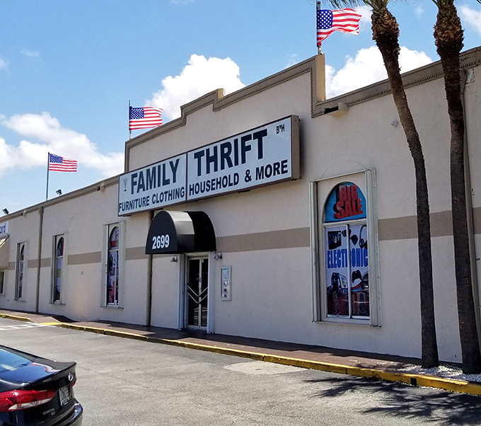 American flags flutter above this unassuming treasure trove, where bargain hunters discover that one person's castoffs become another's prized possessions.