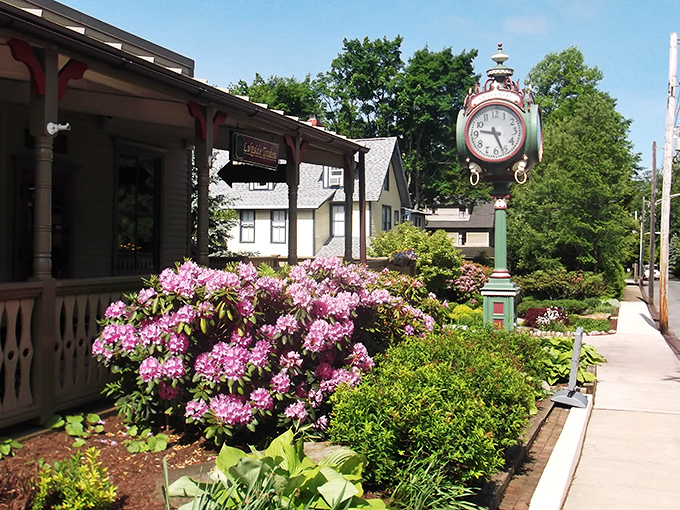 Downtown Eagles Mere showcases its timeless charm with a vintage clock standing sentinel among blooming rhododendrons – small-town Americana at its picture-perfect best.