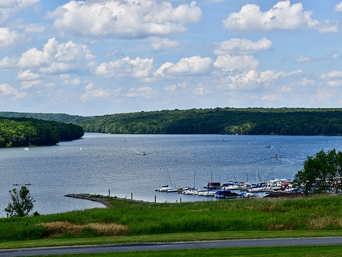 Marina magic at its finest! Boats dot the shoreline while Glendale Lake stretches toward the horizon, inviting adventurers to explore its 26 miles of pristine Pennsylvania shoreline.