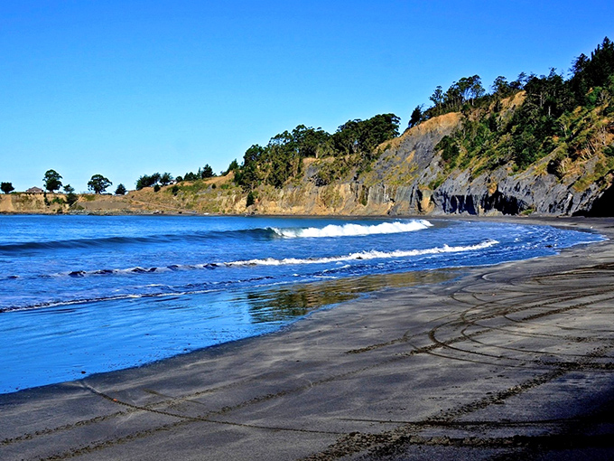 The dramatic contrast of obsidian-black sand against azure waters creates nature's most striking color palette. Mother Earth showing off her artistic side.