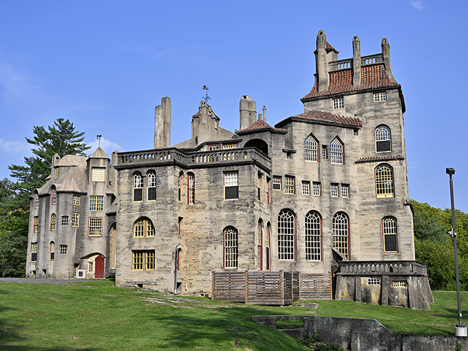 Fonthill Castle stands like a medieval fever dream in suburban Pennsylvania, its concrete towers and asymmetrical windows defying architectural convention with gleeful abandon.