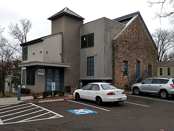 The unassuming exterior of The Stoogeum in Spring House hides a treasure trove of comedy history inside, like finding Carnegie Hall in a strip mall.