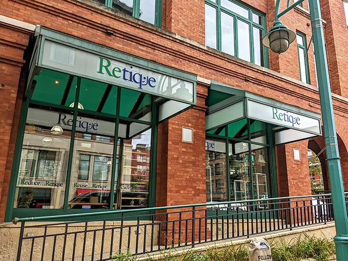 The distinctive brick façade and green trim of Retique welcomes bargain hunters like a fashionable friend who knows all the best secrets.