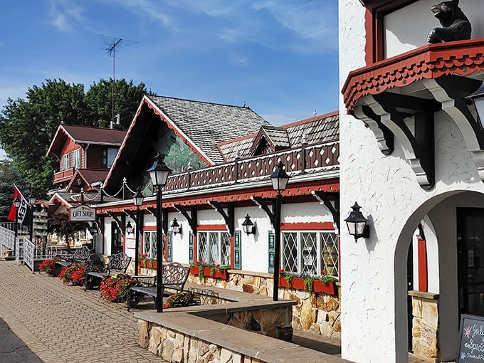 The Swiss chalet aesthetic isn't just for show—it's a promise that what awaits inside is the real Alpine deal. Ohio's rolling hills create the perfect backdrop.