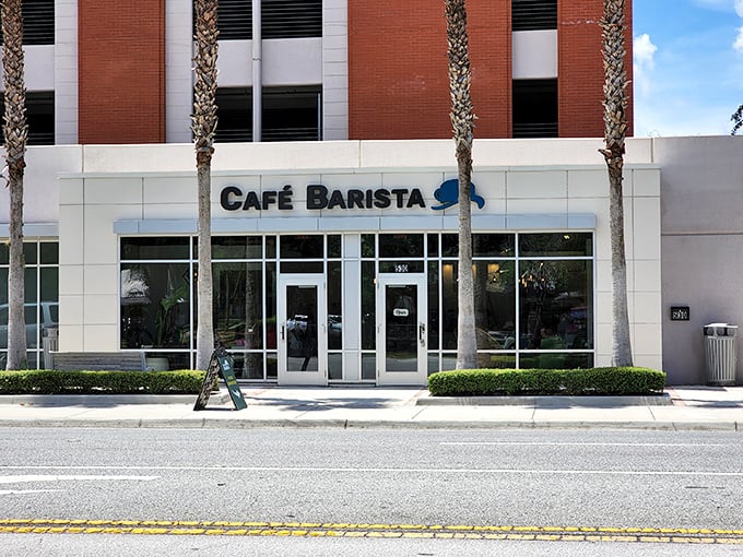 A sleek modern exterior that belies the breakfast wonders within. Café Barista's understated façade is like a poker player with a royal flush – keeping the good stuff hidden.