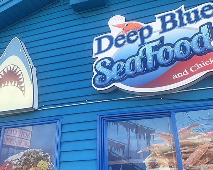 The vibrant blue exterior isn't just eye-catching—it's practically screaming "fresh seafood inside!" Like a coastal shack teleported to Indiana.