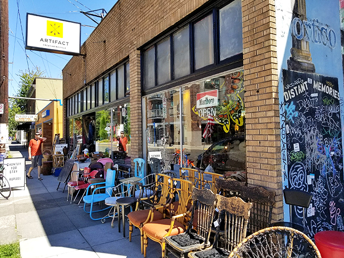 The brick building with its vibrant mural makes a statement before you even step inside – Portland's artistic spirit on full display.