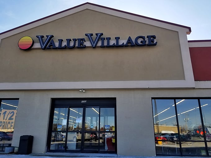 The sunset-colored logo beckons like a thrift store lighthouse, guiding bargain hunters safely to shore through seas of retail markup.