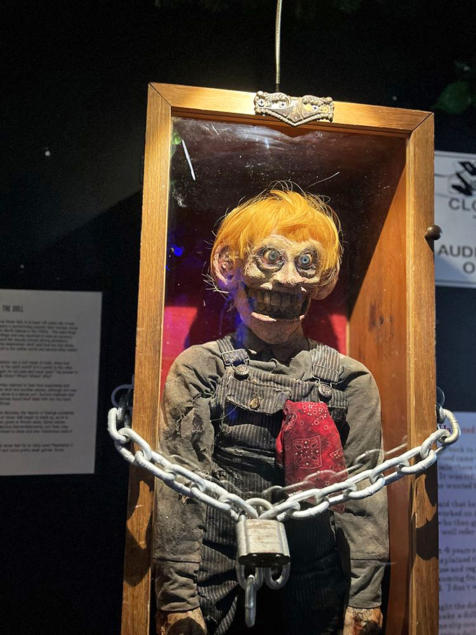 Locked away for good reason, this creepy doll gives Chucky a run for his money in the "sleep with lights on" department.
