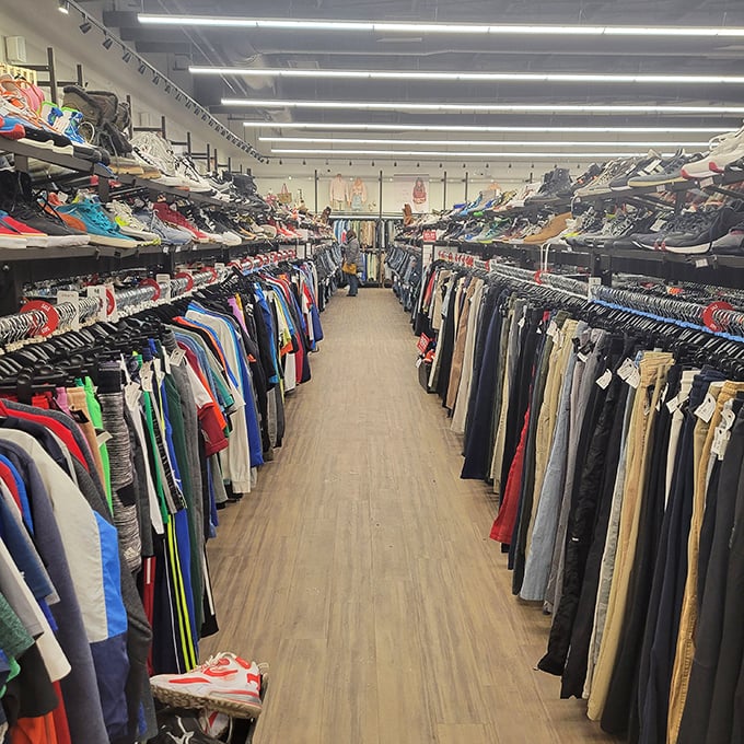 A canyon of curated clothing where every turn reveals potential wardrobe magic. The lighting actually lets you see the true colors—revolutionary!
