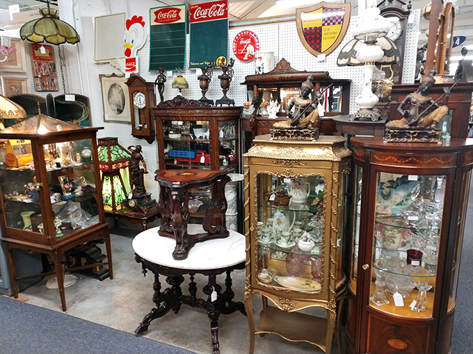 Victorian elegance meets craftsmanship that's outlasted its creators—these display cabinets house miniature museums within the larger one.