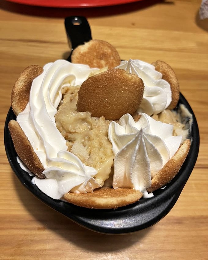 Banana pudding that makes you wonder why we bother with fancy desserts. Those vanilla wafers standing guard around the edges know they're part of greatness.