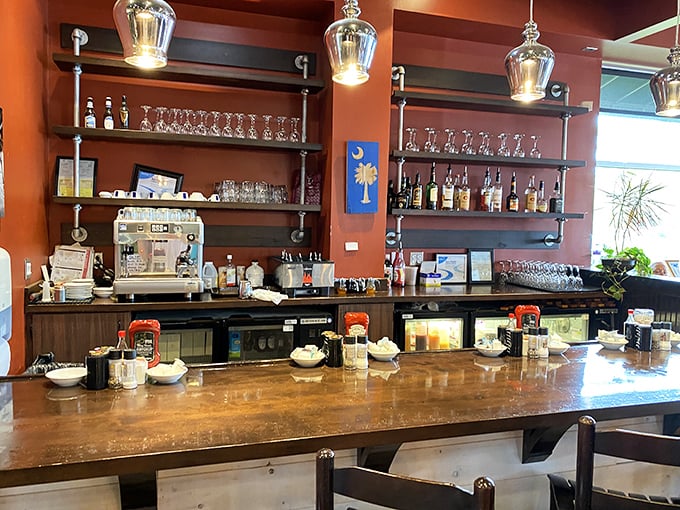 The bar area—where morning cocktails transform "it's too early" into "it's vacation somewhere" with remarkable efficiency.