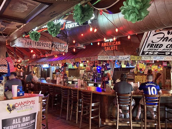 The bar where strangers become friends over cold beers and hot chicken—notice the license plates documenting pilgrimages from afar.