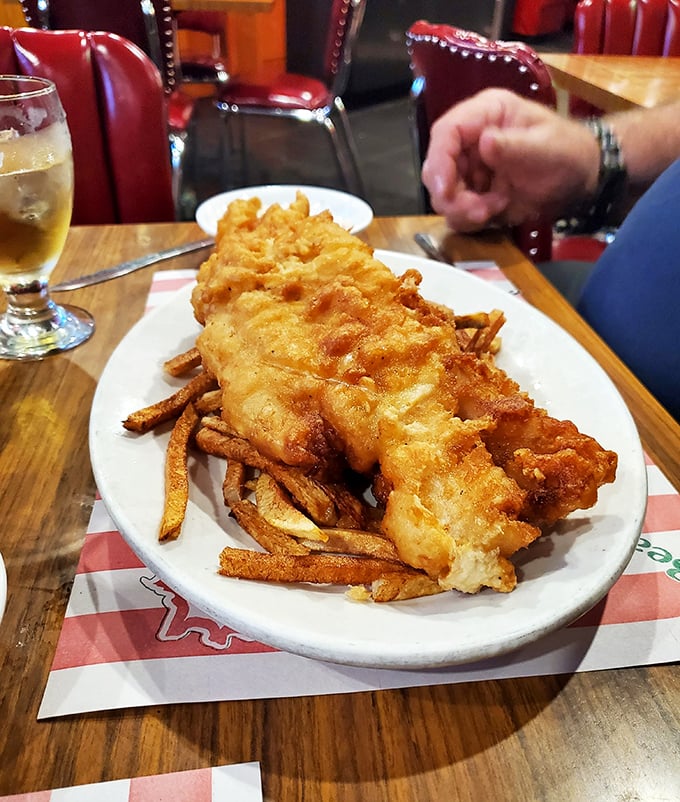 Beer-battered fish that's worth breaking your diet for—golden-crisp exterior giving way to flaky white fish that tastes like vacation.