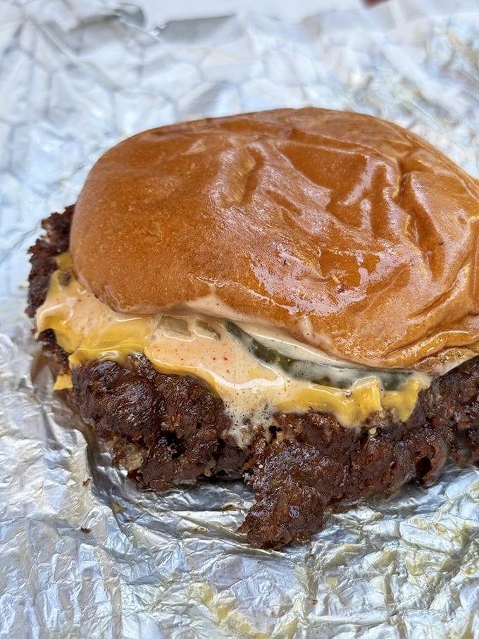This close-up reveals the beautiful marriage of melted cheese and perfectly seared beef. The soft bun completes a trinity of textural perfection.