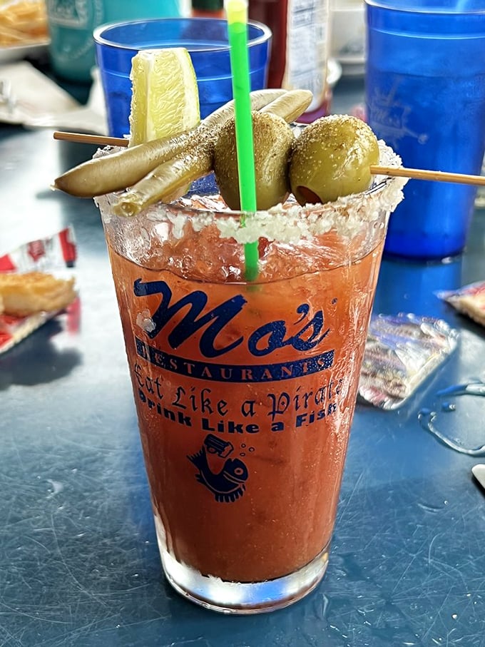 "Eat like a pirate, drink like a fish" isn't just a slogan—it's a lifestyle choice embodied in this loaded Bloody Mary that's practically a meal unto itself.