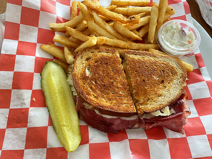 The sandwich that launched a thousand road trips. Perfect toast ratio, visible filling abundance, and that pickle—culinary supporting actor of the year.