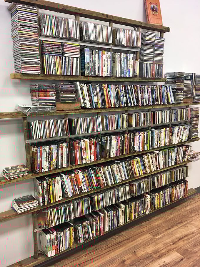 Entertainment history lives on these shelves where movie nights and music memories find new homes.