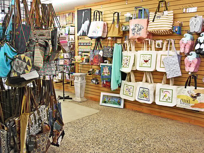 Tote bags showcase Midwest-inspired designs with unironic enthusiasm. That rooster bag isn't just farm-chic—it's a conversation starter for your next grocery run.