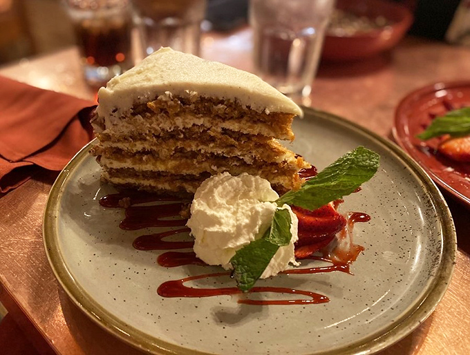 Layer upon layer of moist carrot cake – a sweet finale that somehow manages to be both indulgent and worth every calorie.