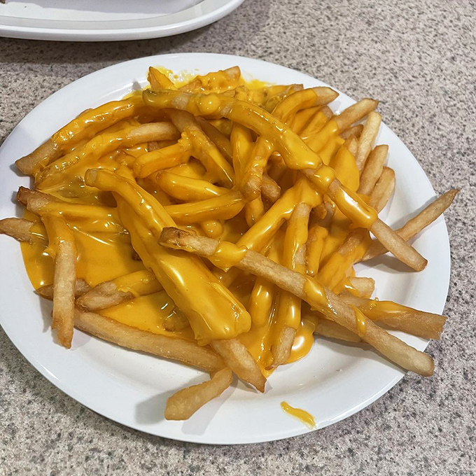 These cheese fries aren't just a side dish—they're the main event, wearing their golden cheese sauce like a royal robe.