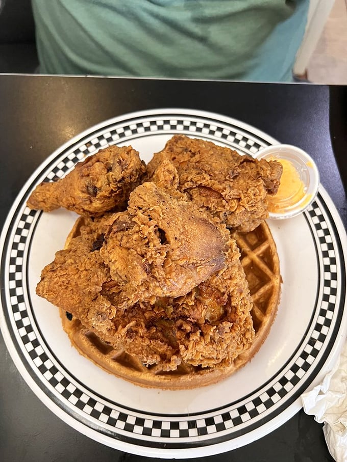 Chicken and waffles: the breakfast-lunch love story we all need. Crispy, golden fried chicken atop a waffle – it's comfort food poetry on a plate.