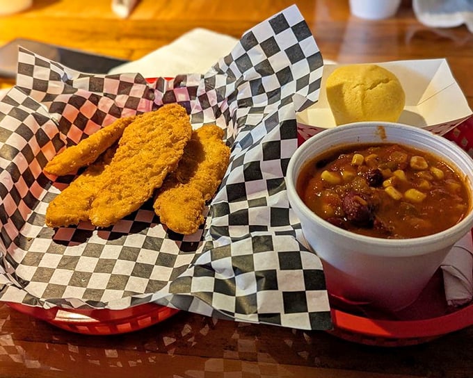 Chicken tenders and hearty soup create comfort food combinations that warm both stomach and soul completely.