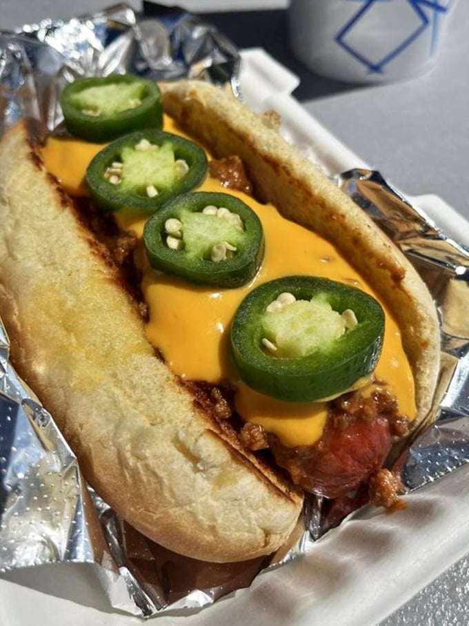 A chili cheese dog accessorized with jalapeños – proving that sometimes more is exactly the right amount.