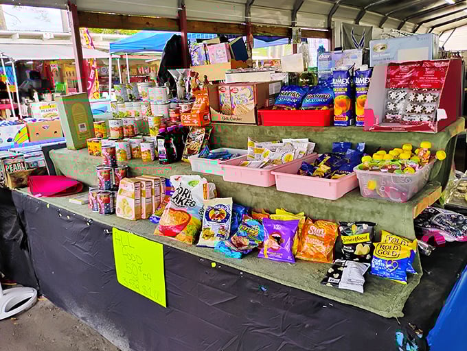 The snack booth offers a United Nations of processed foods – because serious treasure hunting requires serious caloric intake.