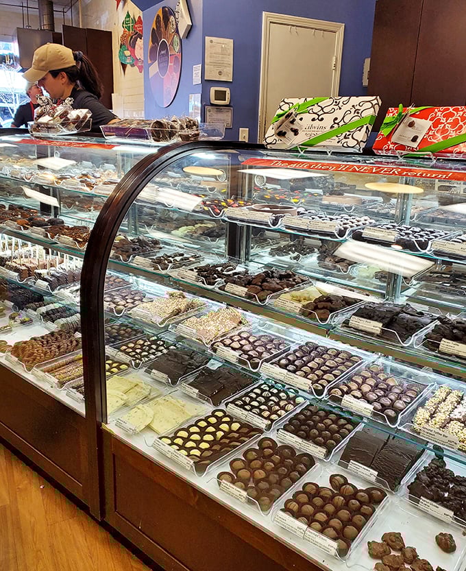 Not a dessert display – a treasure chest of chocolate temptations that would make Willy Wonka consider a career change.