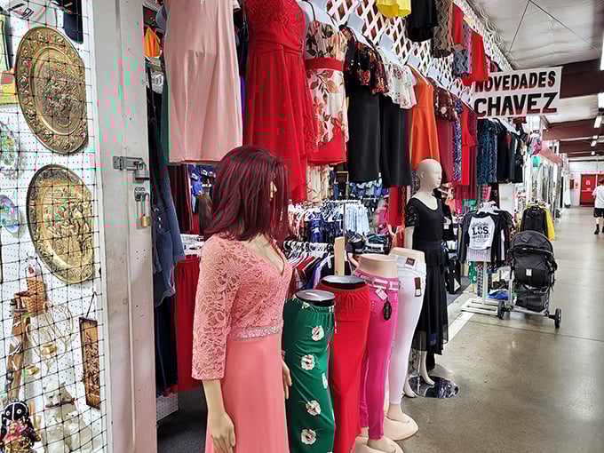 Fashion finds for every occasion line this vibrant booth. From casual to quinceañera-ready, these garments await their second chance to shine.
