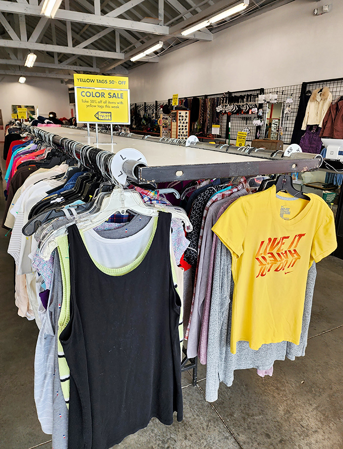 "I Like It Like That" proclaims the yellow t-shirt, perfectly summarizing how thrift shoppers feel about their unexpected discoveries.