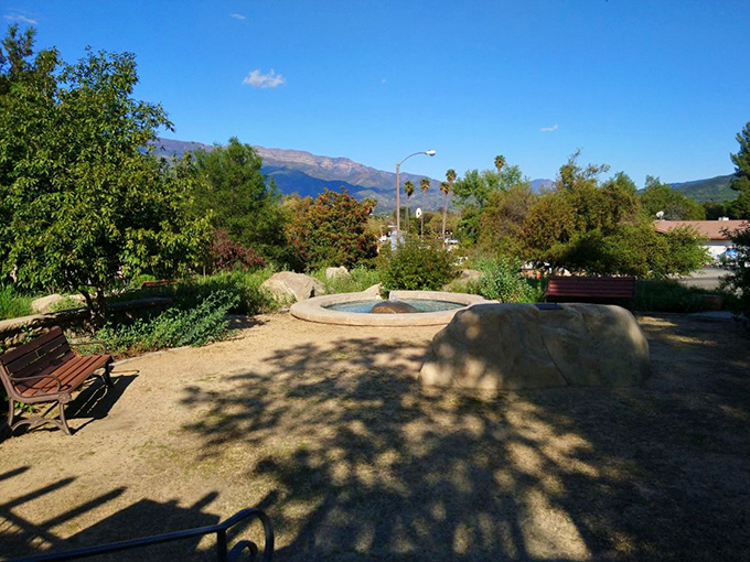 Cluff Vista Park's simple fountain and mountain backdrop create a contemplative space where you can ponder life's mysteries—or just where to have lunch.