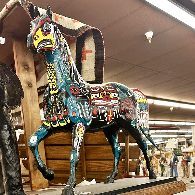 This painted horse isn't just decoration—it's folk art with personality. The kind of conversation piece that makes guests ask, "Where did you find THAT?"