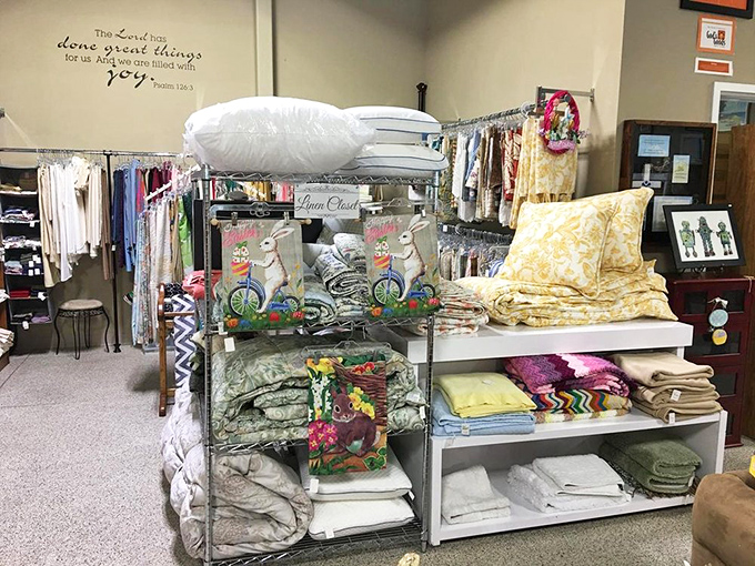 Linens and bedding arranged with military precision. Those Easter bunny decorations are plotting their seasonal comeback from the metal rack.