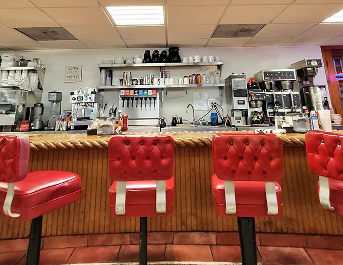 Counter seats that invite solo diners to become part of the Stadium family—where coffee refills and friendly banter flow freely.