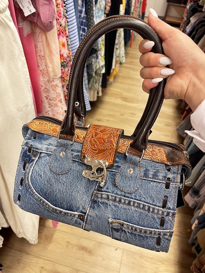 This unique denim handbag demonstrates how creative design can transform everyday materials into statement pieces.