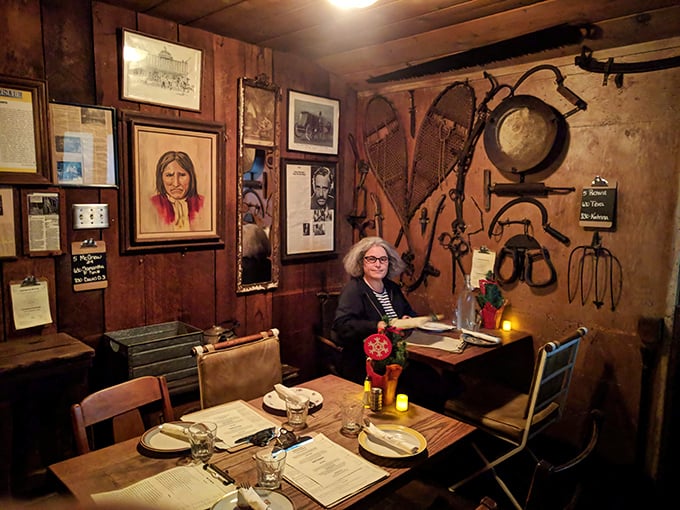 Dining at The Old Place means sharing walls with history. The memorabilia isn't decoration—it's documentation of California's wilder days.