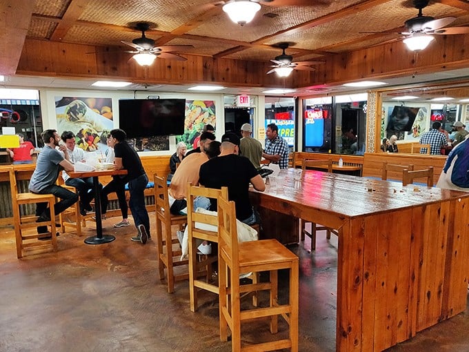 Even at night, the warm wooden interior draws diners seeking connection over California burritos. Some relationships are built on shared salsa experiences.