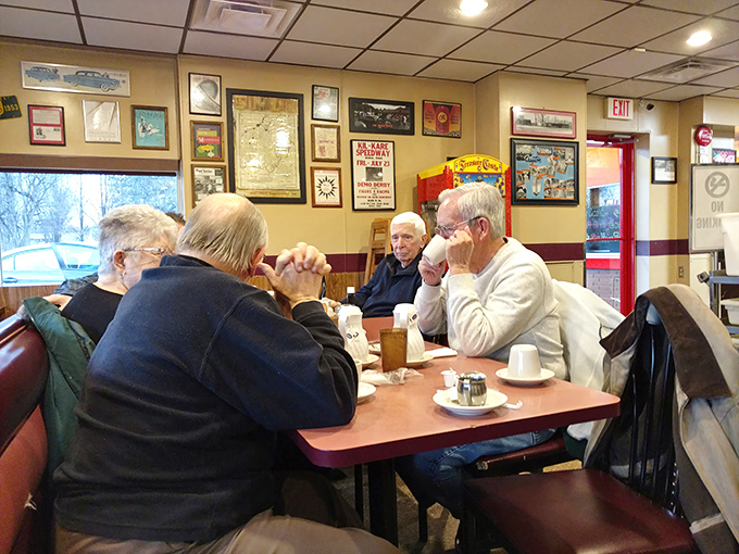 The morning regulars' table – where Dayton's breakfast philosophers gather daily to solve the world's problems over endless coffee refills.