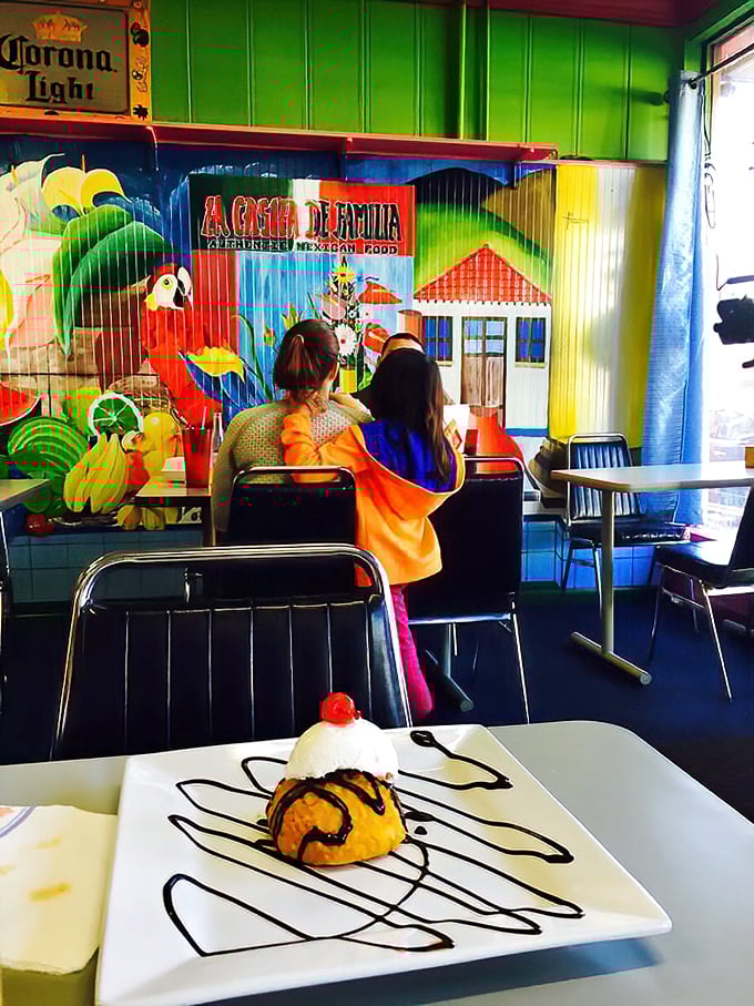 Colorful surroundings make even waiting for your food an experience. That dessert in the foreground is plotting to steal your attention.
