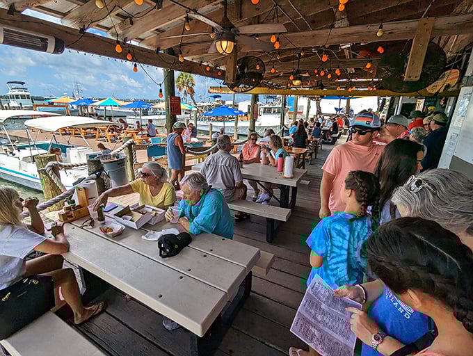 No white tablecloths needed when you've got picnic tables, good company, and seafood that speaks for itself.